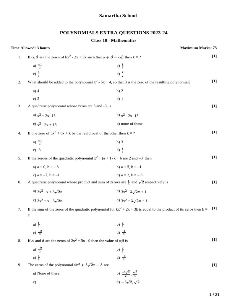Polynomials Extra Questions 2023 24 - Compressed PDF | PDF | Factorization | Polynomial