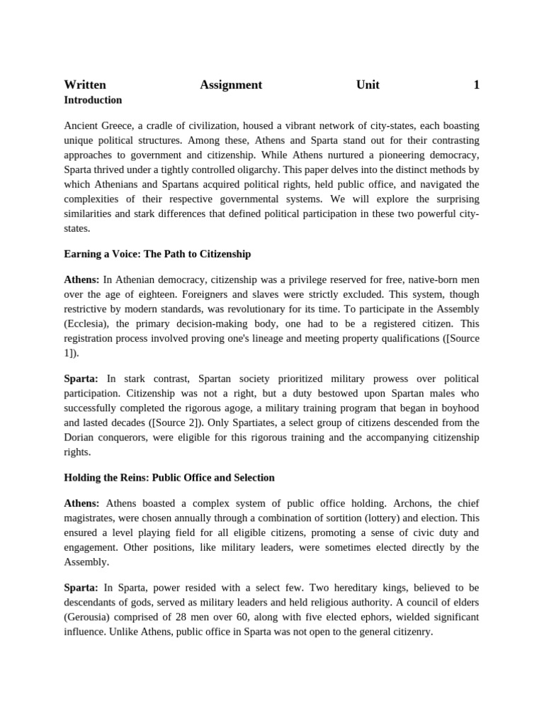 HIST1421-Written Assignment Unit 1 | PDF | Sparta | Citizenship