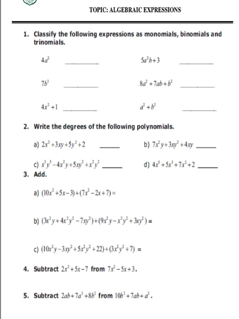 Class 8 Algebraic Expressions | PDF