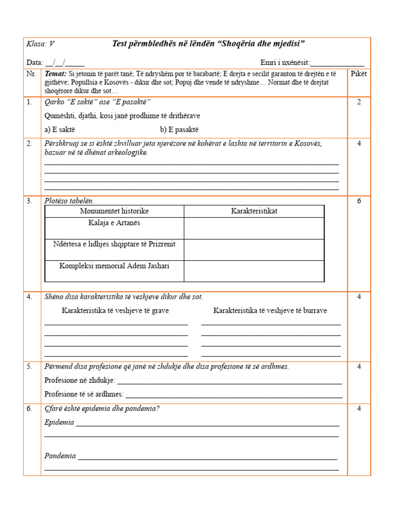 Test Përmbledhës Shoqëria Dhe Mjedisi 5 | PDF