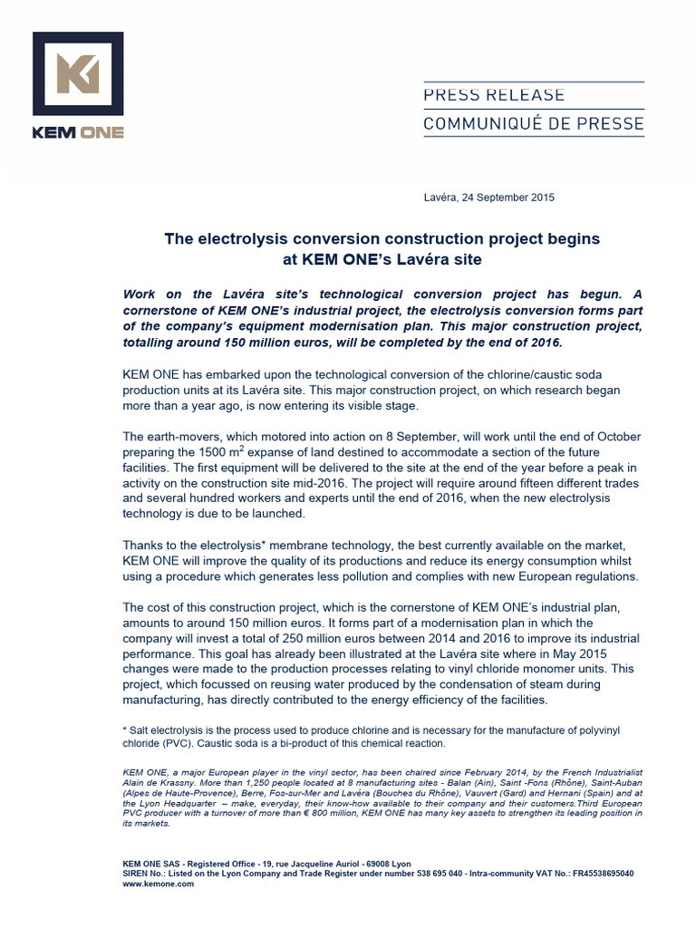 KEM ONE Lavéra Electrolysis Project | PDF | Polyvinyl Chloride