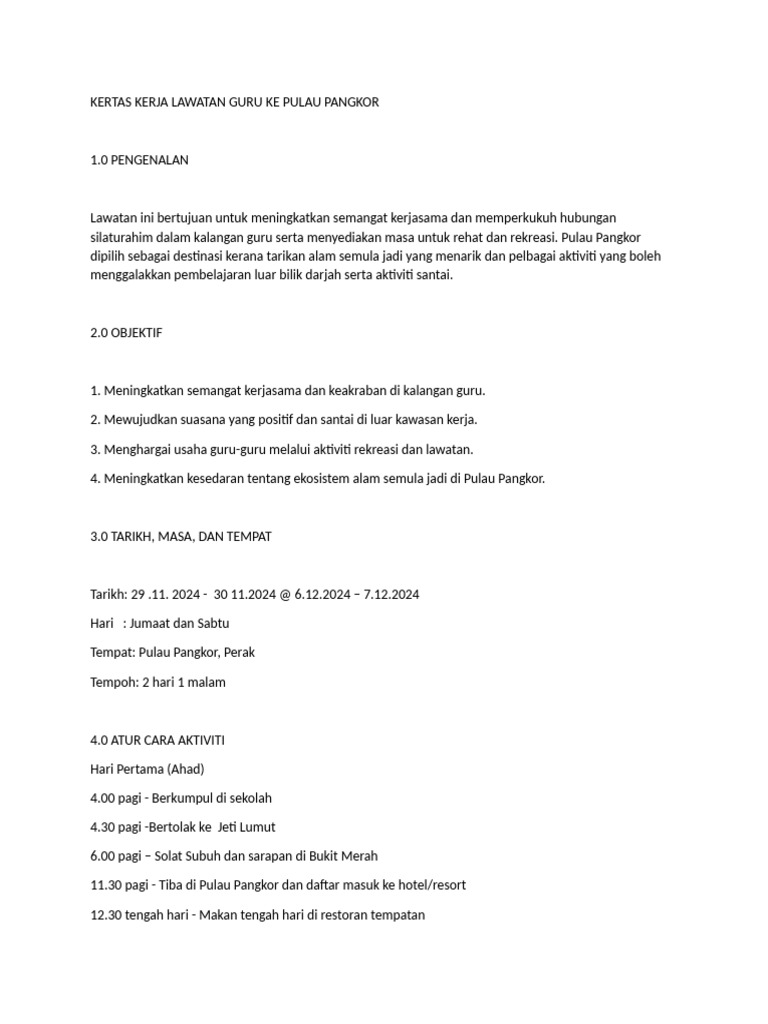 Kertas Kerja Lawatan Guru Ke Pulau Pangkor | PDF