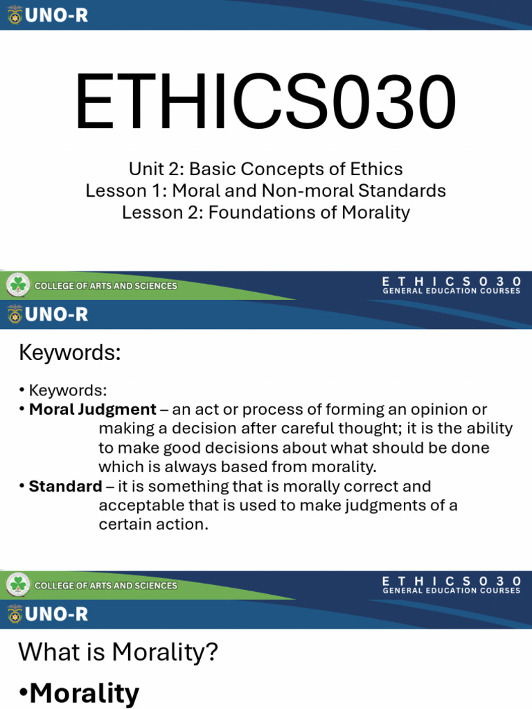 Unit 2 Lesson 1-2 Moral and Nonmoral Standards & Foundations of ...