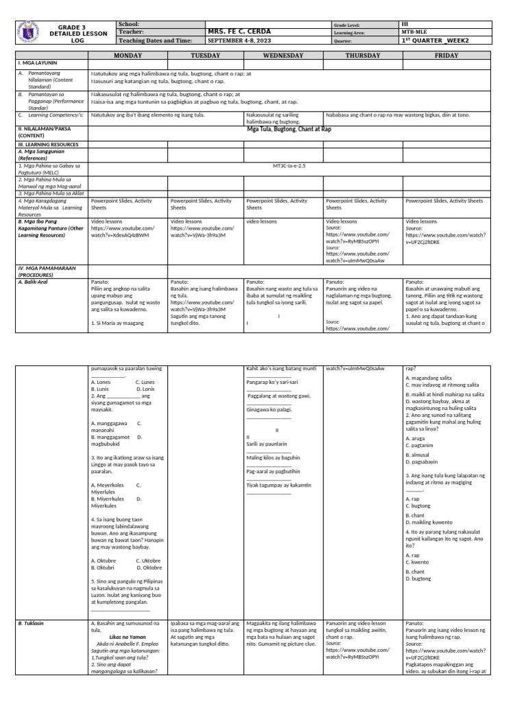 MTB3 DLL Q1 W2 | PDF