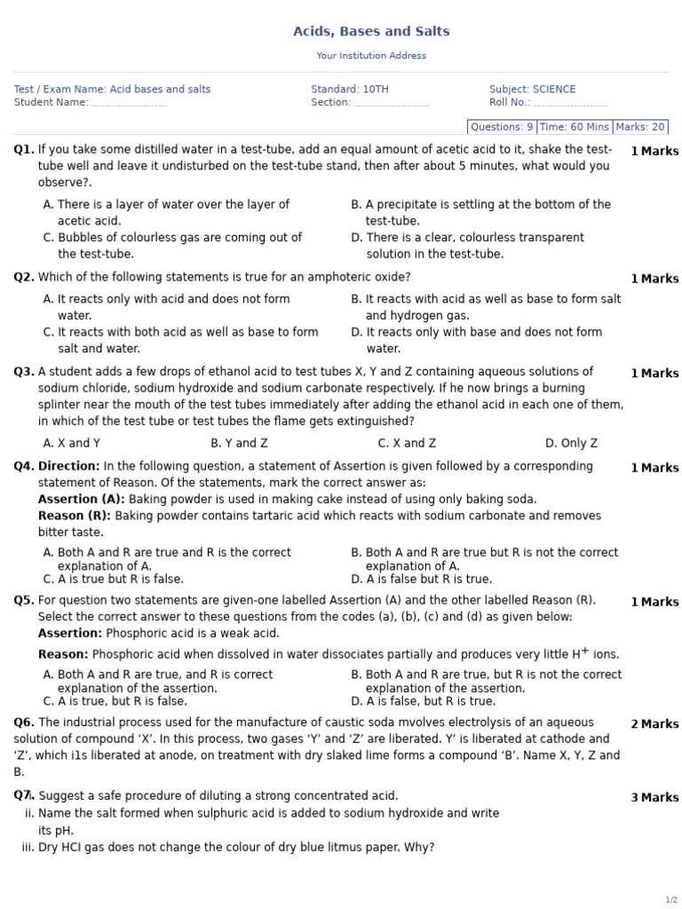 Acid Bases and Salts-10TH-SCIENCE | PDF | Sodium Carbonate | Acid