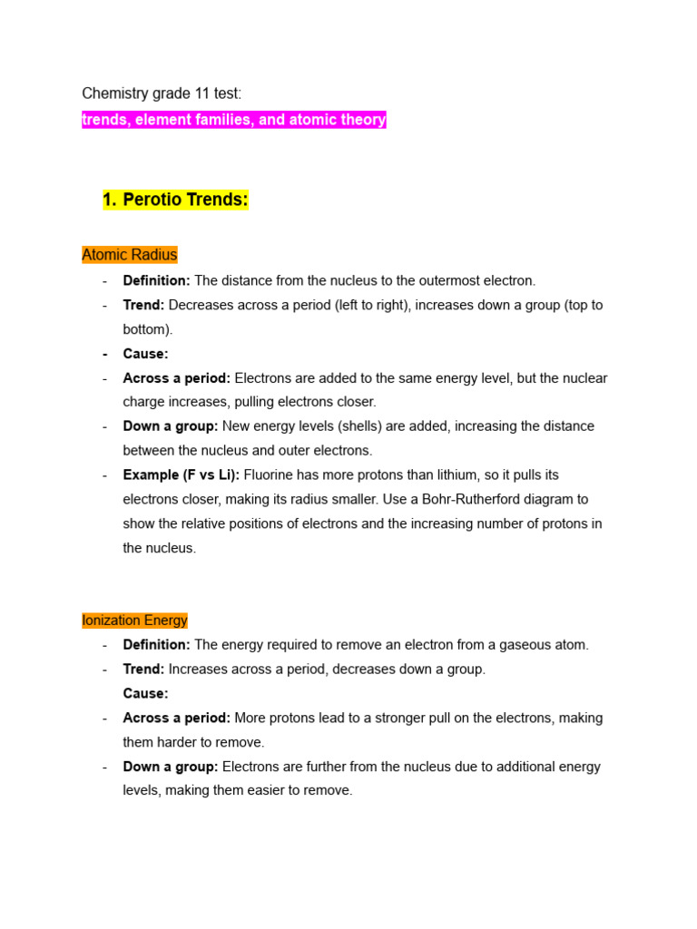 Chemistry Grade 11 Test - Trends, Element Families, and Atomic Theory ...