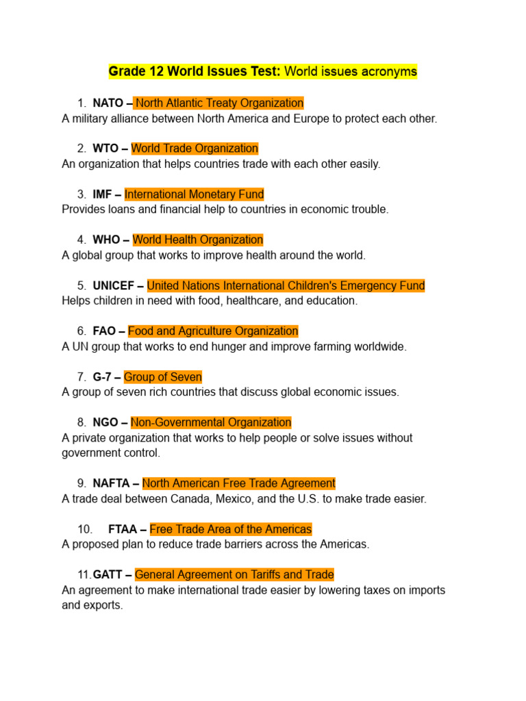 Grade 12 World Issues Test - World Issues Acronyms | PDF