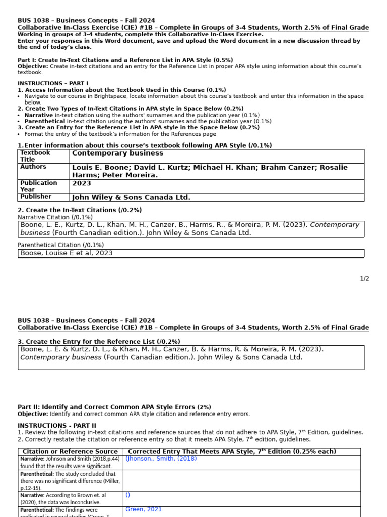 BUS 1038 F2024 - Collaborative In-Class Exercise 1B - Application of LLC Workshop Lesson | PDF ...