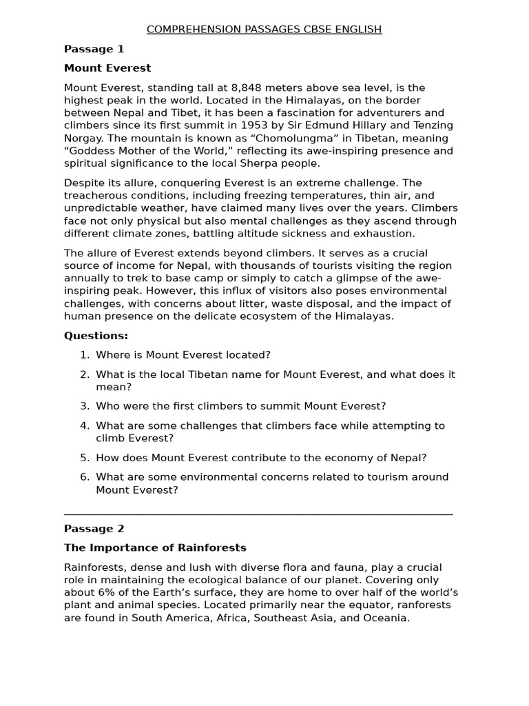 CBSE English Reading Passages | PDF | Marie Curie | Mount Everest