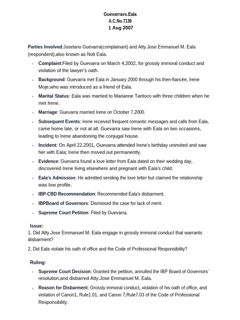 Case Digest - A.C. No. 7136 - Guevarra vs. Eala | PDF | Disbarment | Annulment