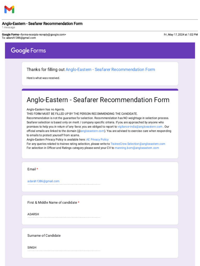 Gmail - Anglo-Eastern - Seafarer Recommendation Form | PDF | Justice ...