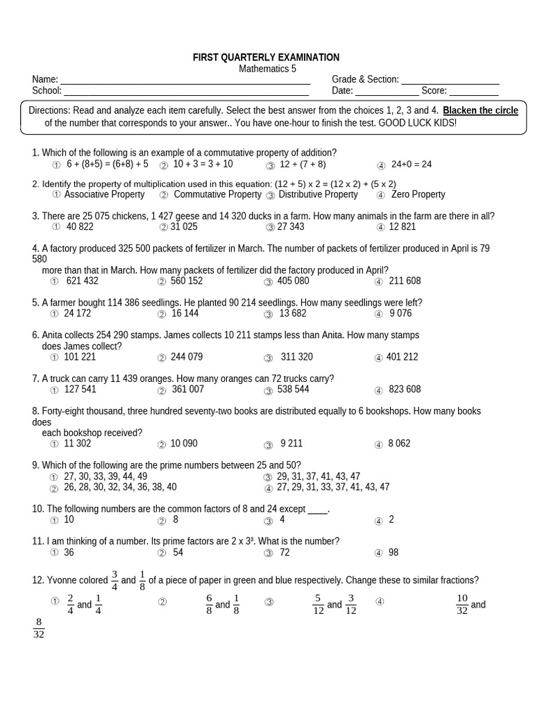 PT - Math 5 - Q1 | PDF | Subtraction | Multiplication