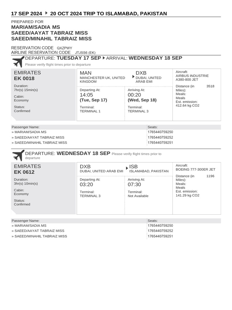 Travel Reservation September 17 For MS SADIA MARIAM | PDF | Emirates ...
