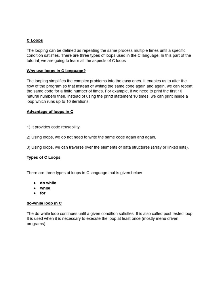 C Loops | PDF | Control Flow | C (Programming Language) C Loops | PDF | Control Flow | C (Programming Language)