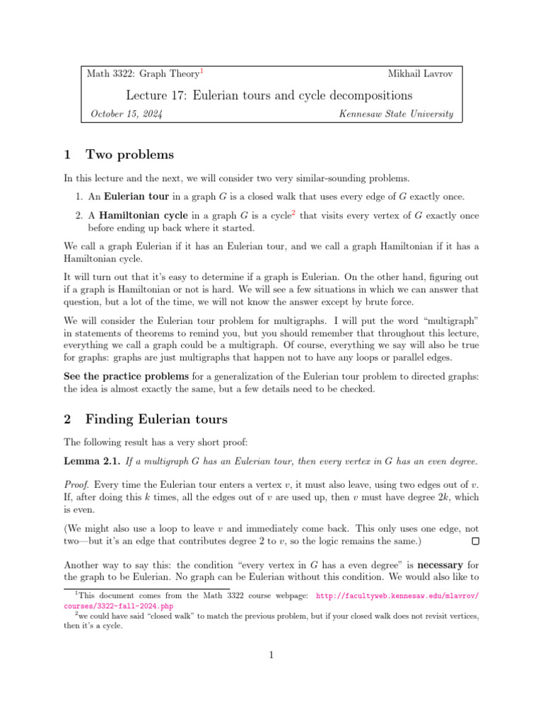 Eulerian Tours and Cycle Decompositions | PDF | Theoretical Computer Science | Combinatorics
