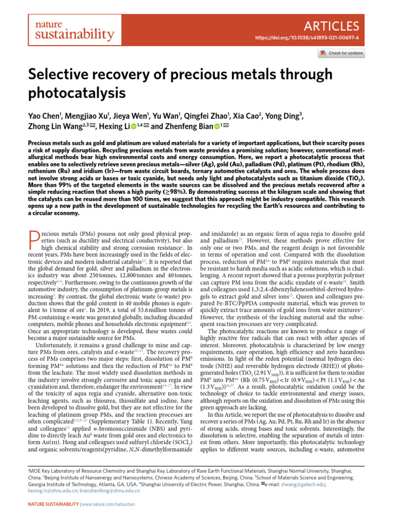 Photocatalytic Recovery of Precious Metals | PDF | Metals | Platinum