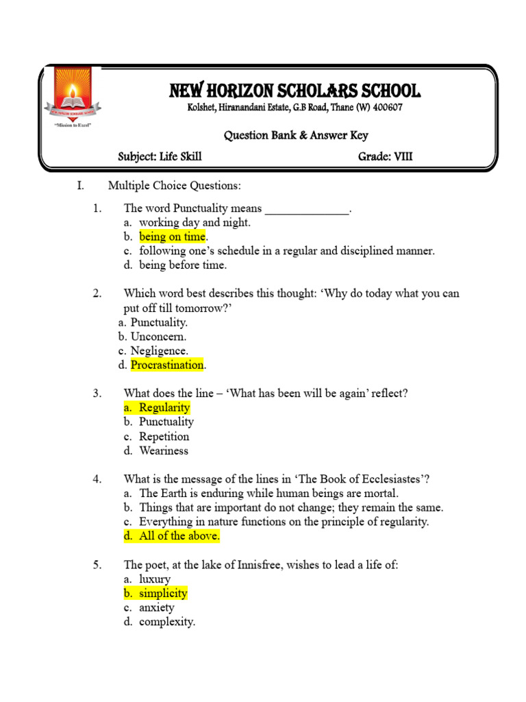 Life Skills Question Bank for Grade VIII | PDF
