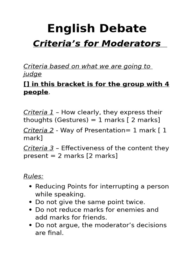 English Debate Criterias | PDF | Career & Growth | Self-Improvement