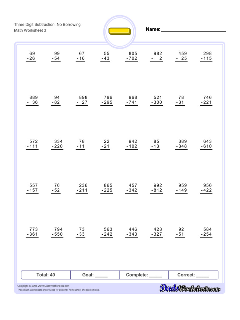 Three Digit Subtraction No Borrowing v3 | PDF