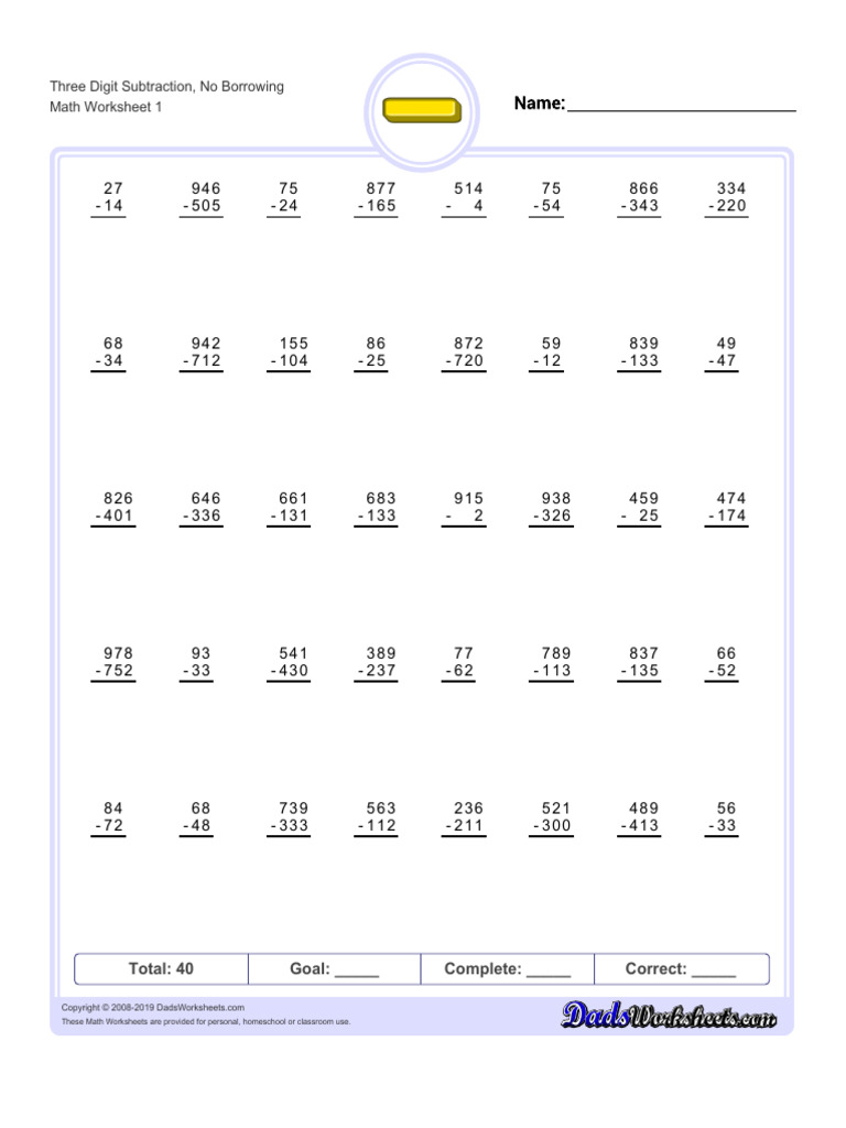 Three Digit Subtraction No Borrowing v1 | PDF