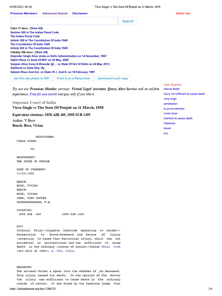 Virsa Singh Vs The State of Punjab On 11 March, 1958 | PDF | Judgment (Law) | Appeal