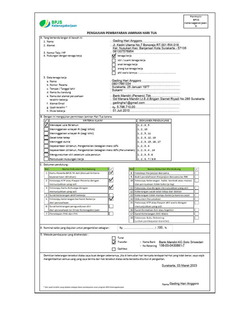 Bpjstk Jht Formulir 5 | PDF