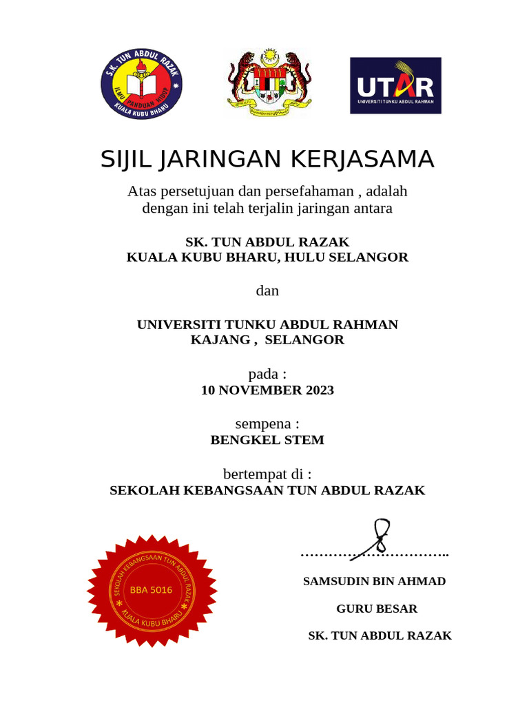 Sijil Jalinan Kerjasama (Sktar & Utar) Program Stem | PDF