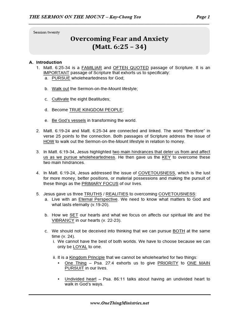 Overcoming Fear and Anxiety 2011-07-18 | PDF | Sermon On The Mount | Jesus