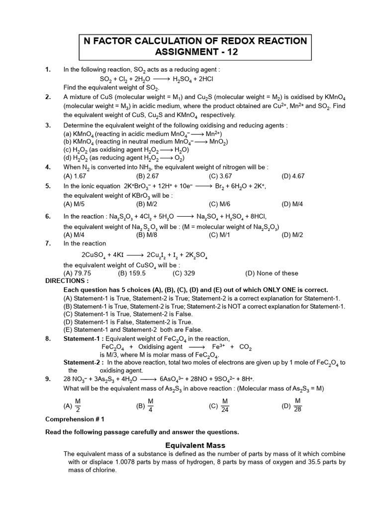 N FACTOR CALCULATION OF REDOX REACTION Assignment-12 | PDF | Mole (Unit ...
