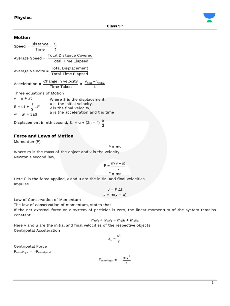 Class_9th & 10th_physics_formula_sheet | PDF | Electrical Resistance ...