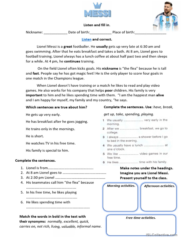 ESL Activity: Lionel Messi Facts | PDF