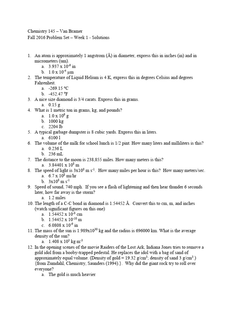 Chemistry 145 Week 1 Problem Set Solutions | PDF