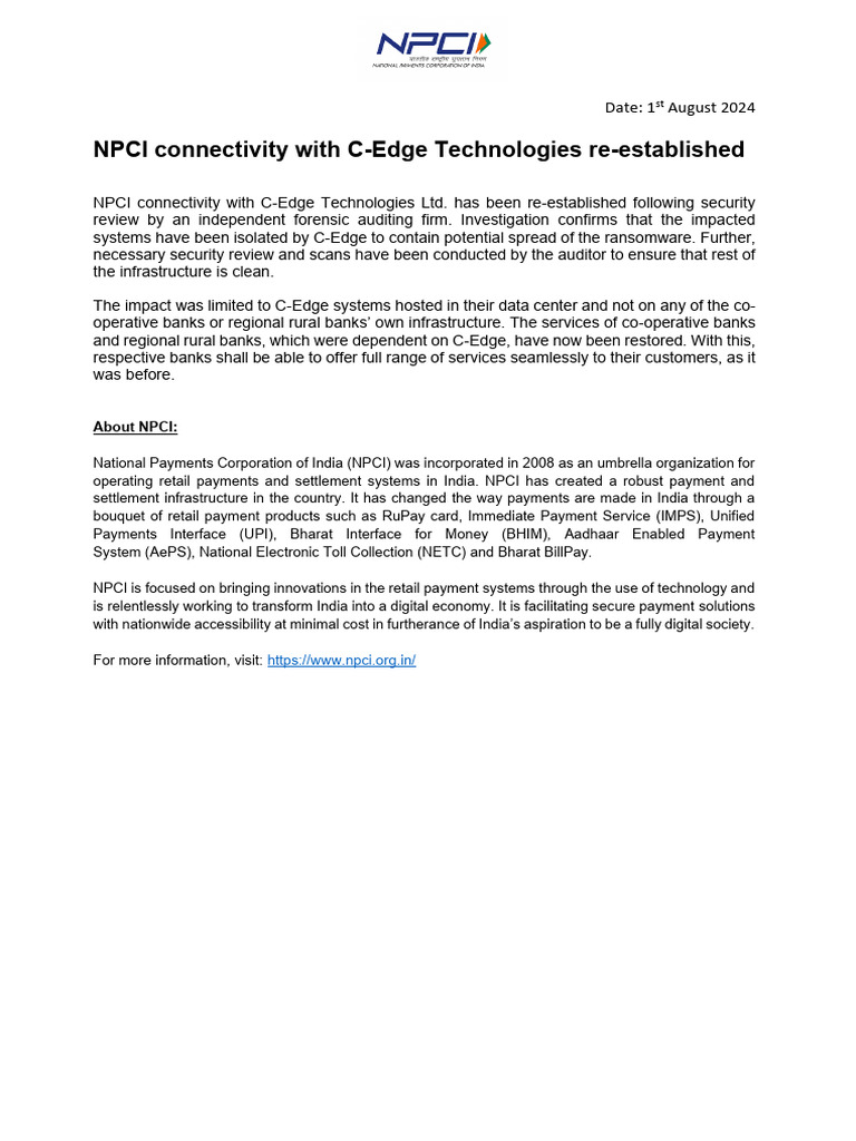 NPCI Press Release NPCI Connectivity With C Edge Technologies Re Established | PDF