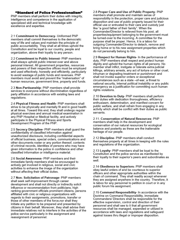 P2 Standard of Police Professionalism | PDF | Police | Classified ...