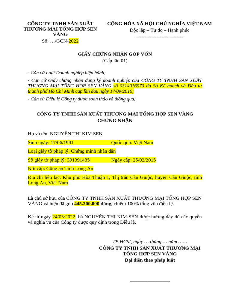 07_TAX. Certificate of Capital Contribution | PDF
