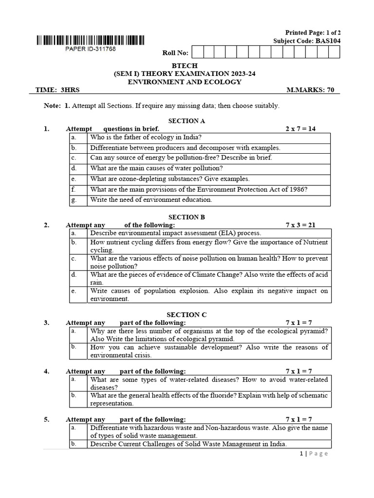 BAS104 Environmental Science Exam Guide | PDF | Ecology | Natural ...
