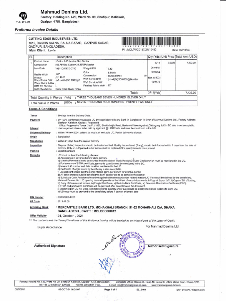 Proforma Invoice for Mahmud Denims Ltd. | PDF | Banking | Textiles
