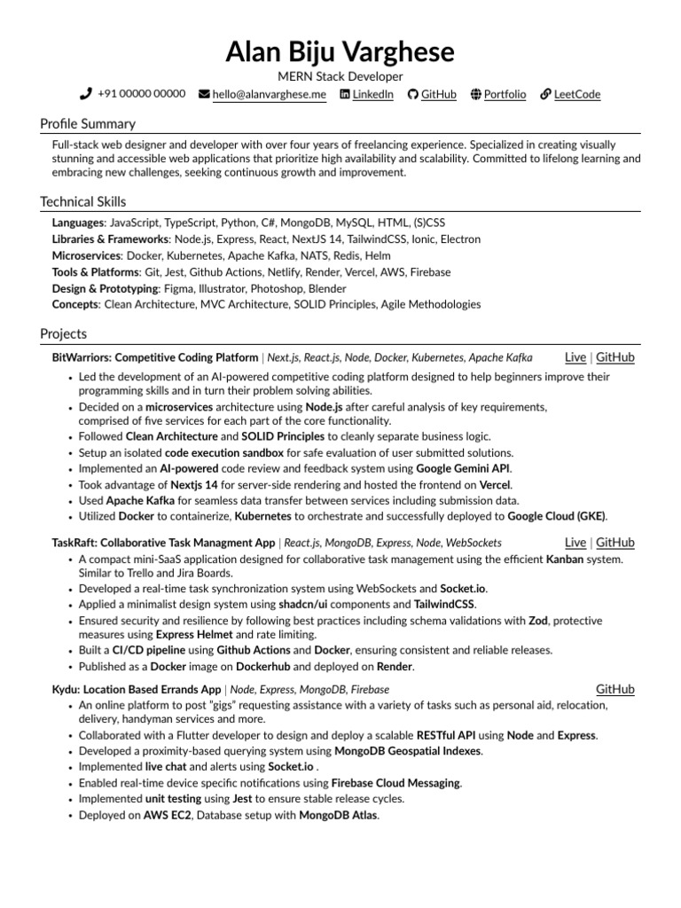 Alan Varghese - Full Stack Resume | PDF | Mongo Db | Web Application