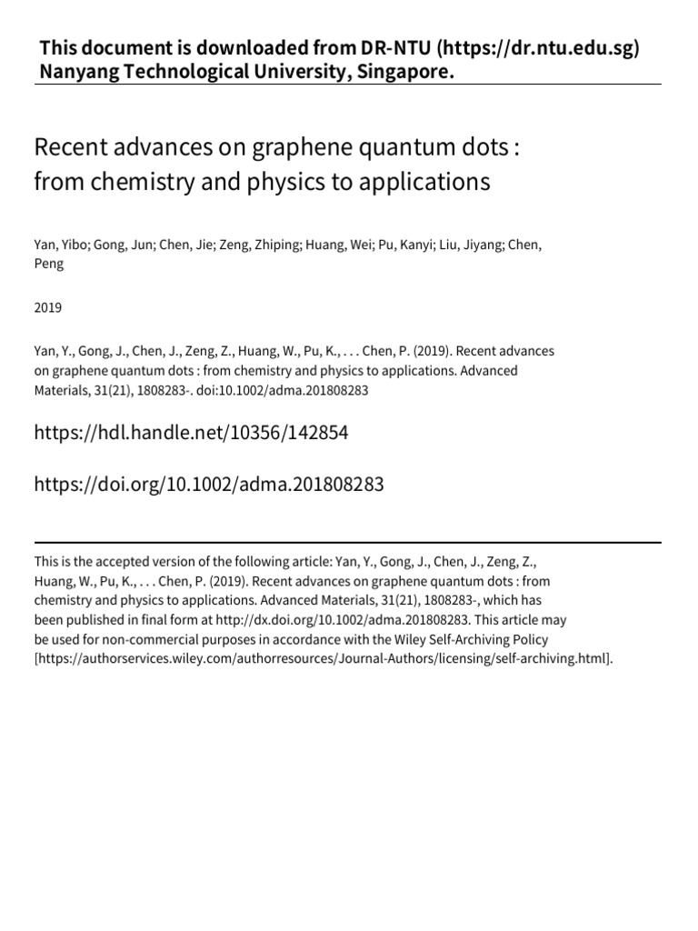Recent Advances on Graphene Quantum Dots- From Chemistry and Physics to Applications | PDF ...