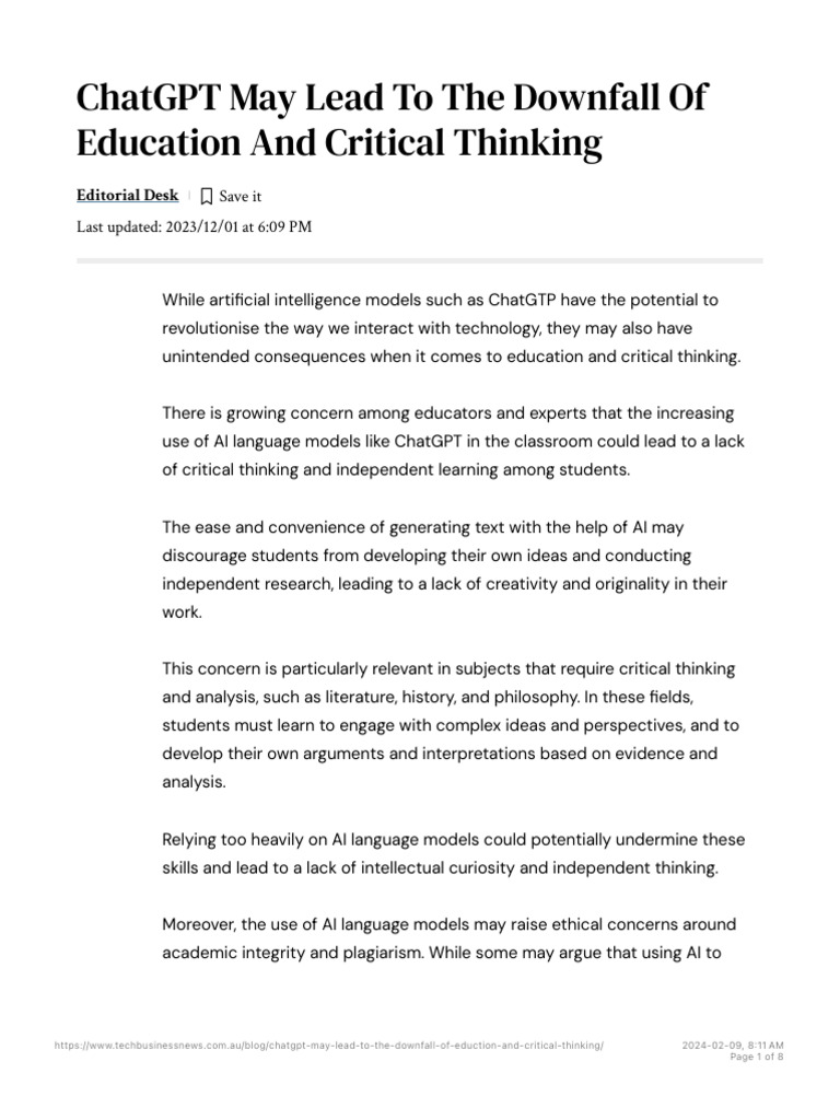 ChatGPT May Lead To The Downfall of Education and Critical Thinking ...