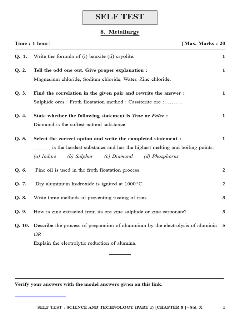 Metallurgy Self Test for Std. X | PDF