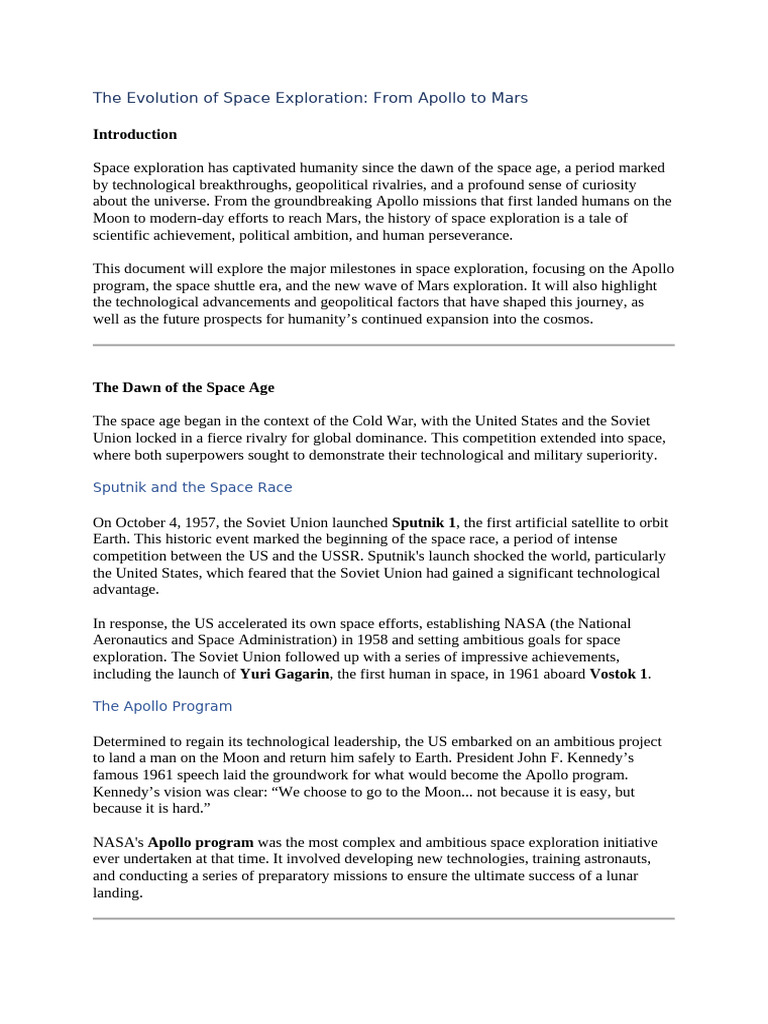 evolution of space exploration | PDF | Nasa | Apollo Program