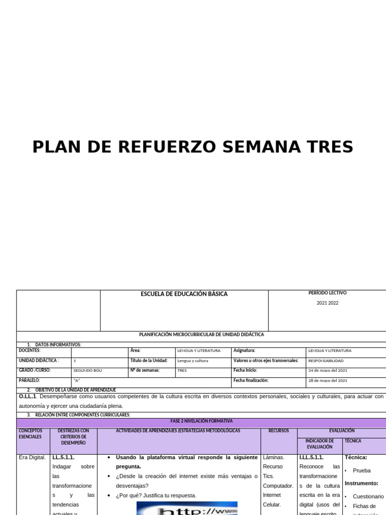 2do Bgu Plan de Refuerzo LL | PDF | Evaluación | Educación primaria