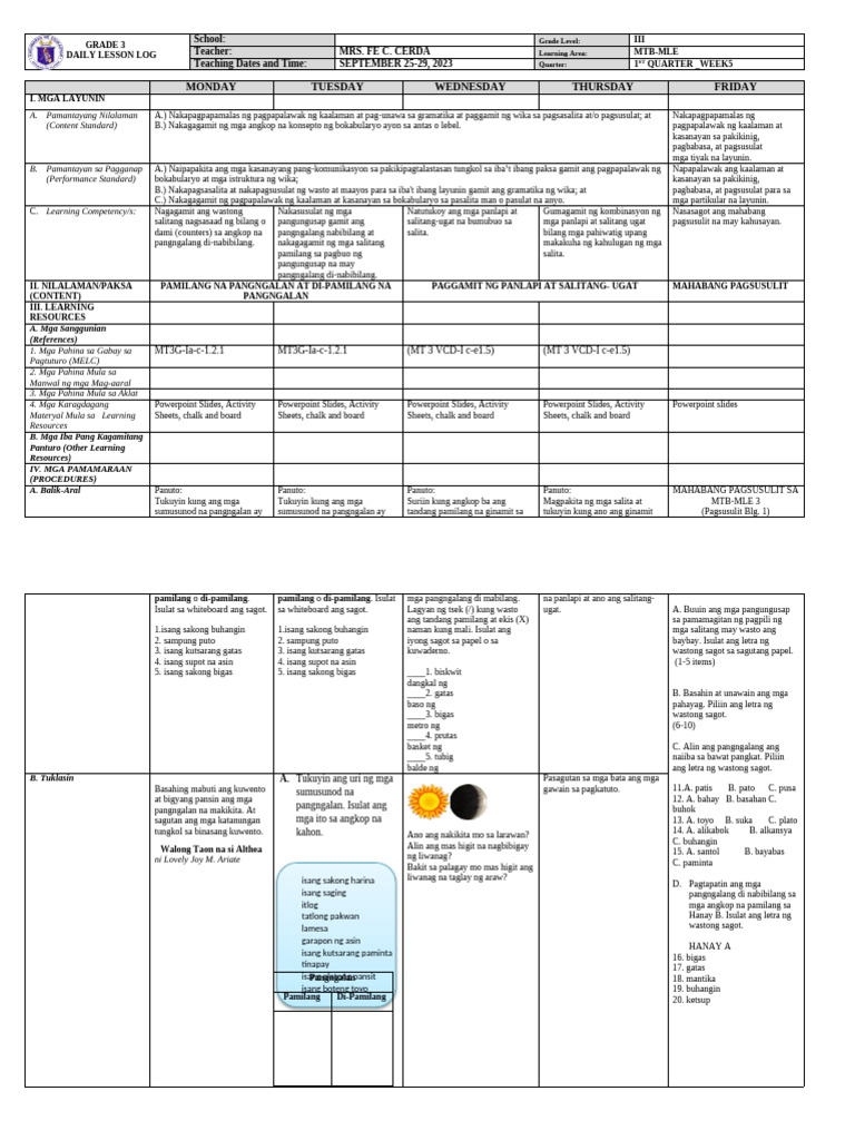 MTB3 DLL Q1 W5 | PDF