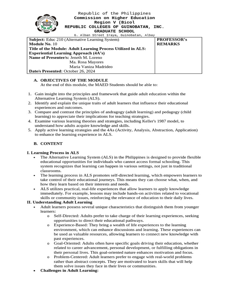 Adult Learning Process Utilized in ALS Handout | PDF | Learning | Adult ...