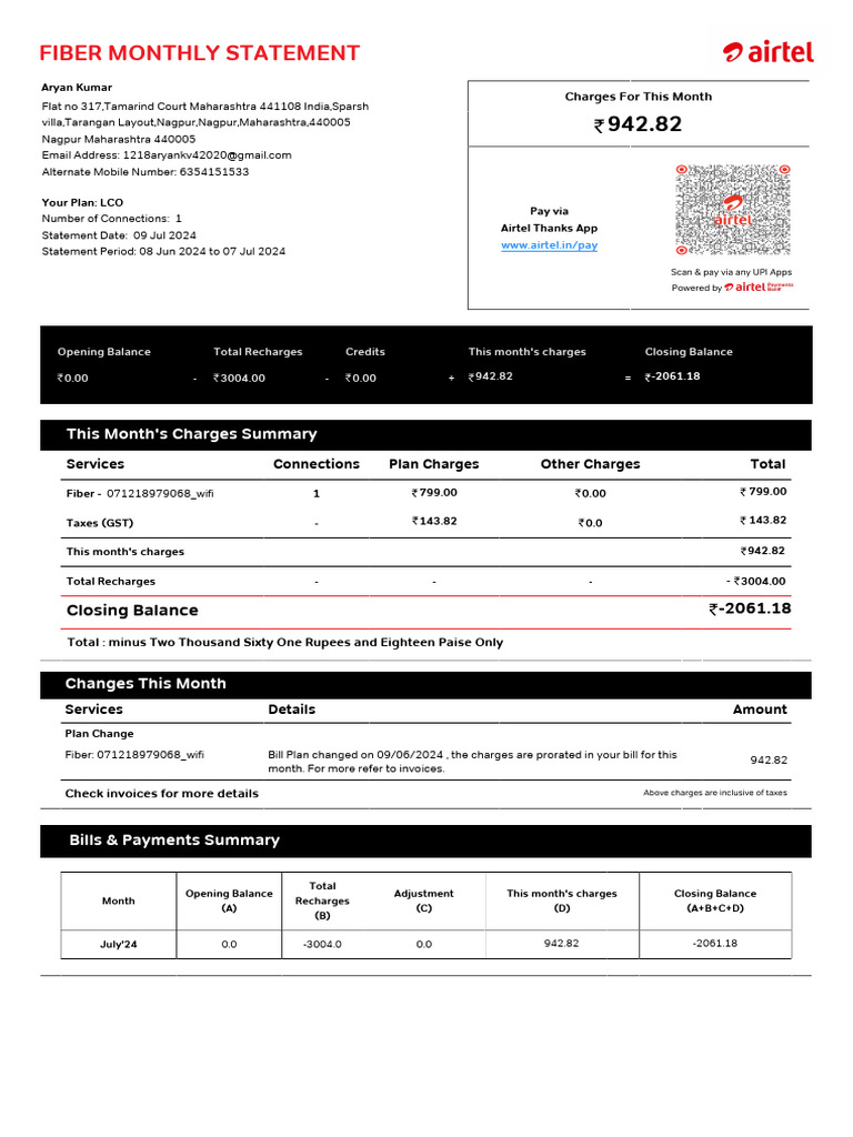 Airtel Fiber Bill - July | PDF | Payments | Banking Technology