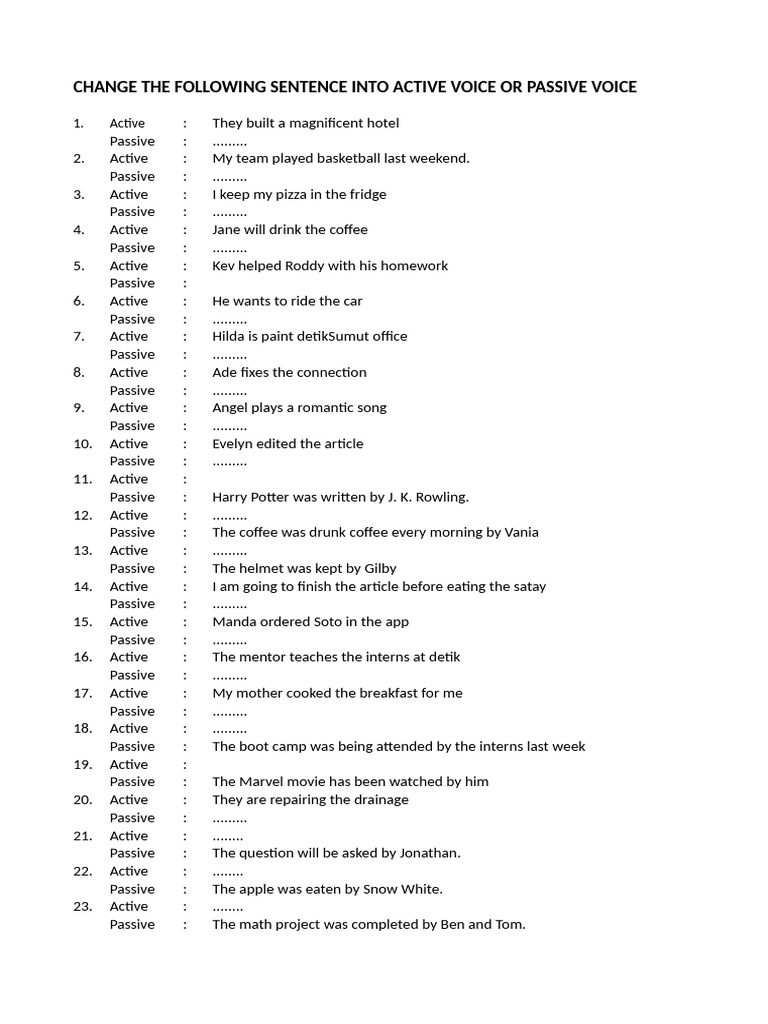 Change The Following Sentence Into Active Voice or Passive Voice | PDF ...