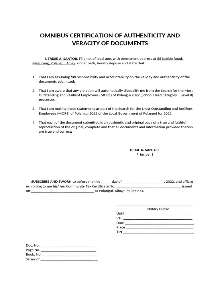 Certification of Document Authenticity | PDF | Affidavit | Civil Law (Common Law)