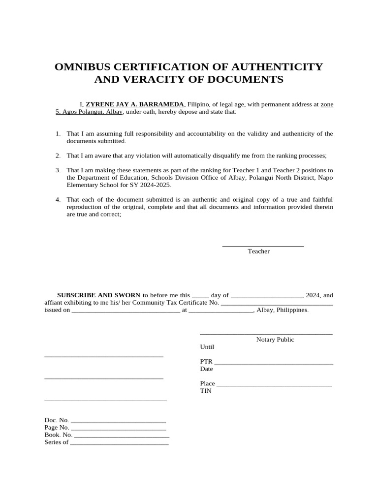 Omnibus Certification of Document Authenticity | PDF | Finance & Money ...