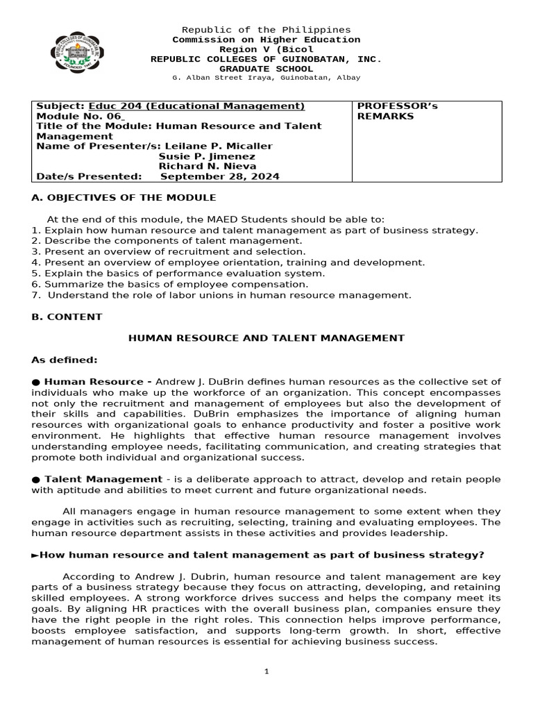 EDUC 204 Module 6 Handout | PDF | Talent Management | Recruitment